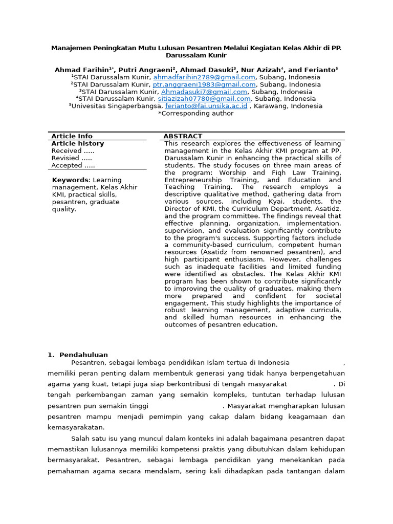 Manajemen Peningkatan Mutu Lulusan Melalui Kegiatan Kelas Akhir di PP ...