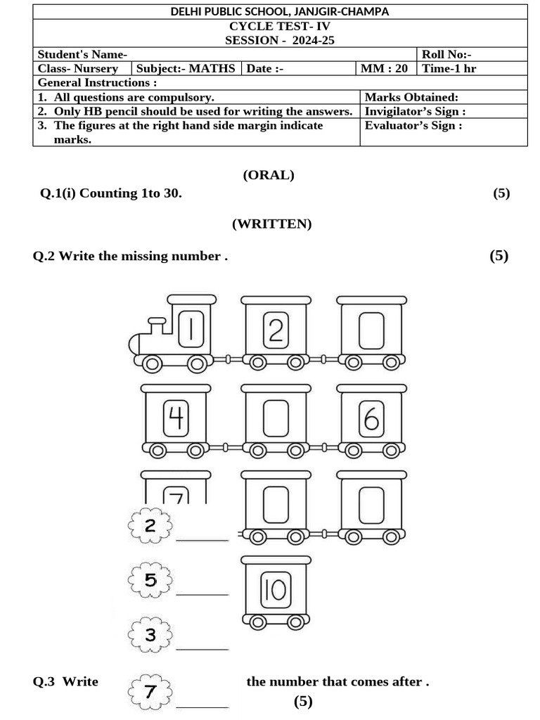 Nursery Maths Cycle Test IV 2024-25 | PDF