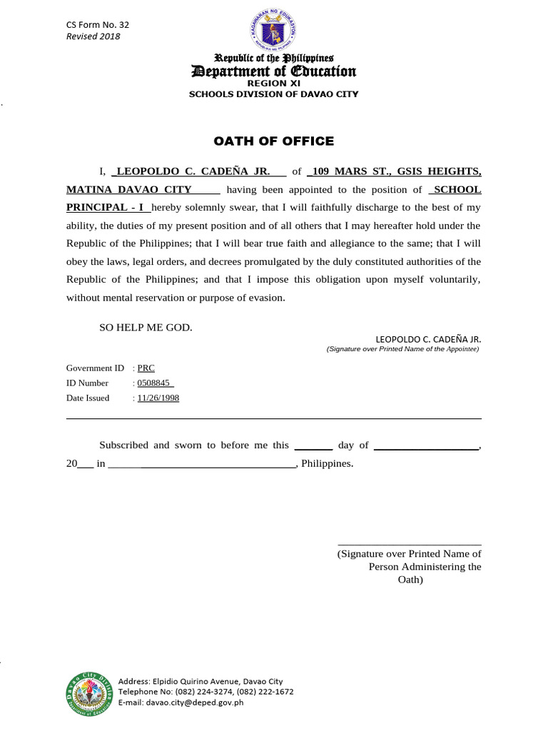 CS Form No. 32 Oath of Office | PDF