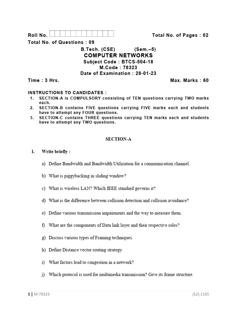 B.Tech CSE: Computer Networks Exam | PDF | Computer Network | Telecommunications Standards