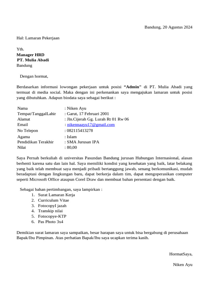 Surat Lamaran Niken Ayu | PDF