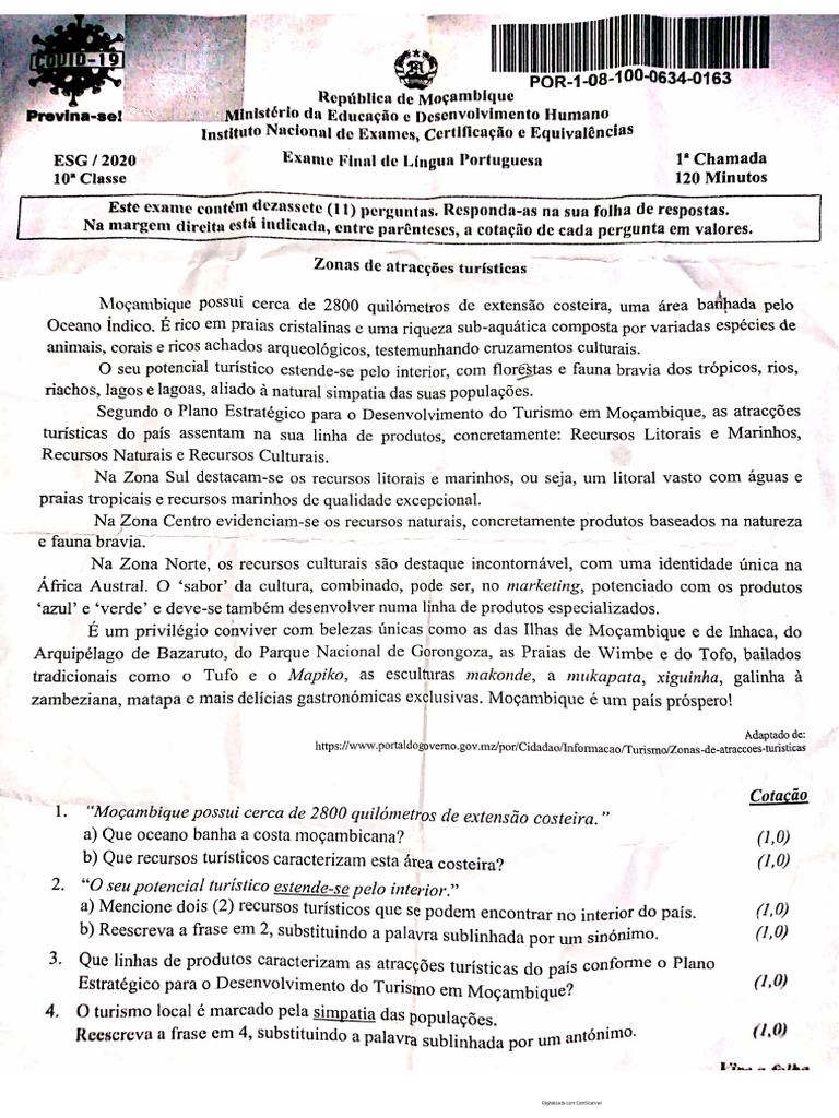 Exame de Português 10 Classe 1 Época 2020 - 2021 | PDF