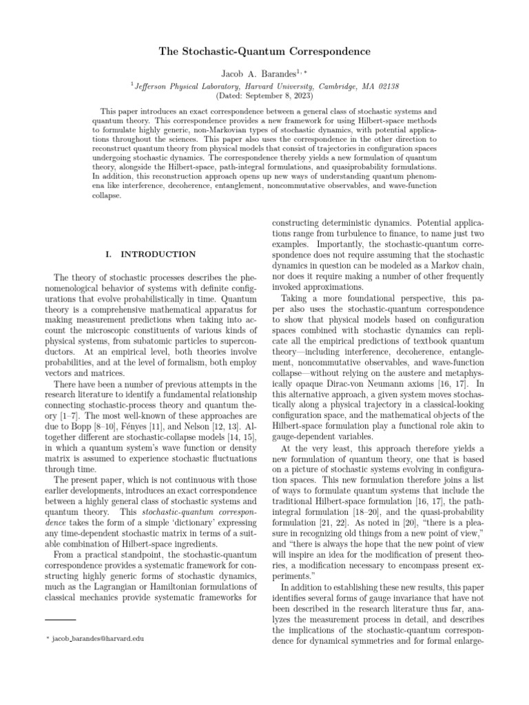 The Stochastic-Quantum Correspondence | PDF | Gauge Theory | Matrix (Mathematics)