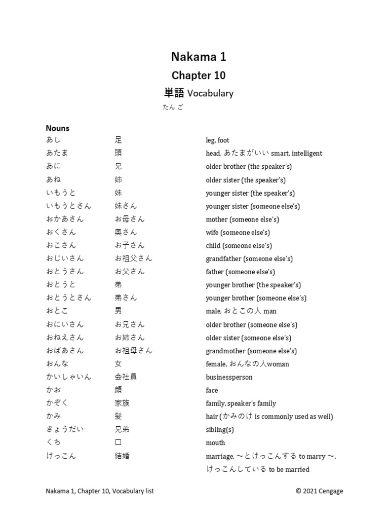 Nakama 1 Vocabulary List Chapter 10 | PDF