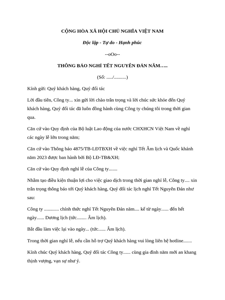 Mau Thong Bao Nghi Tet Cua Cong Ty Toi Doi Tac | PDF
