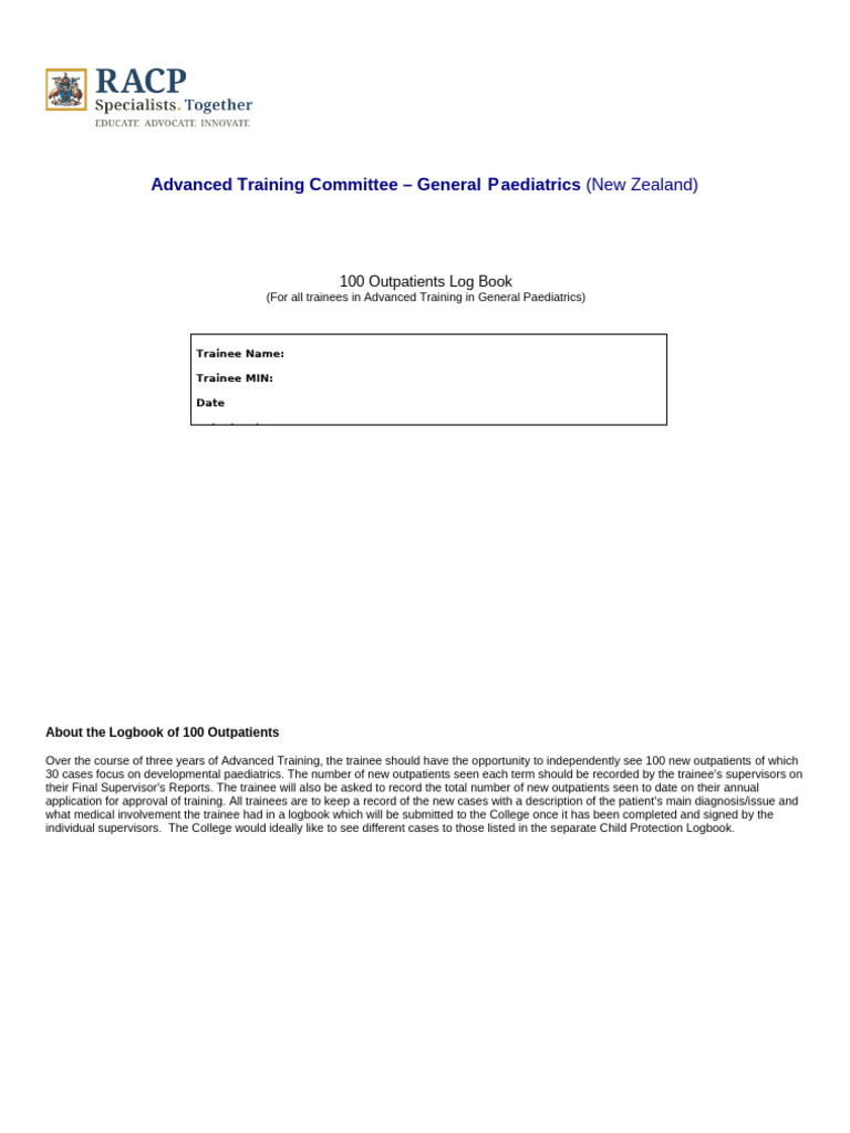 Logbook for General Paediatrics Training | PDF | Patient | Pediatrics