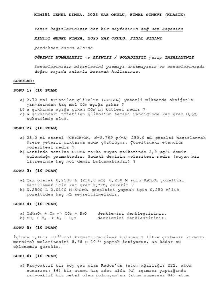 FINAL KIM151 Genel Kimya 2023 YAZ | PDF