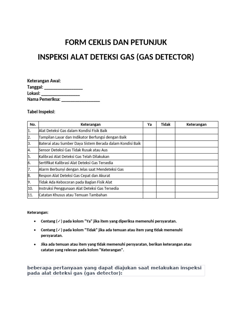 Form Ceklis Inspeksi Alat Deteksi Gas (Gas Detector) | PDF