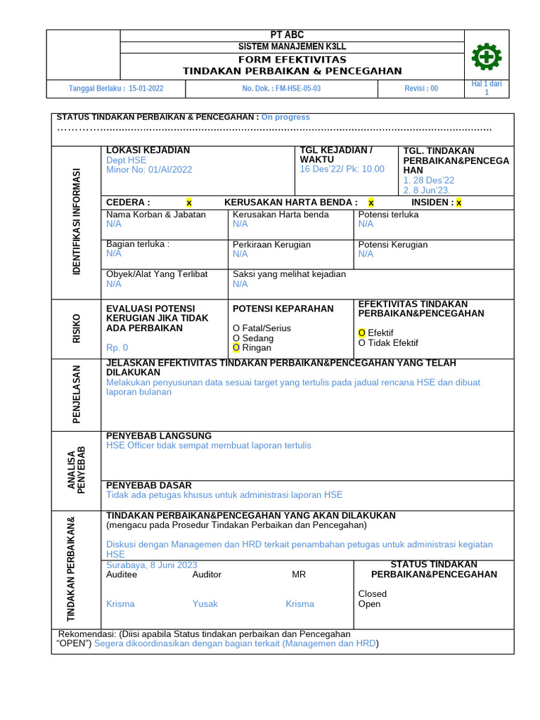 Form Efektivitas Tindakan Perbaikan Dan Pencegahan | PDF