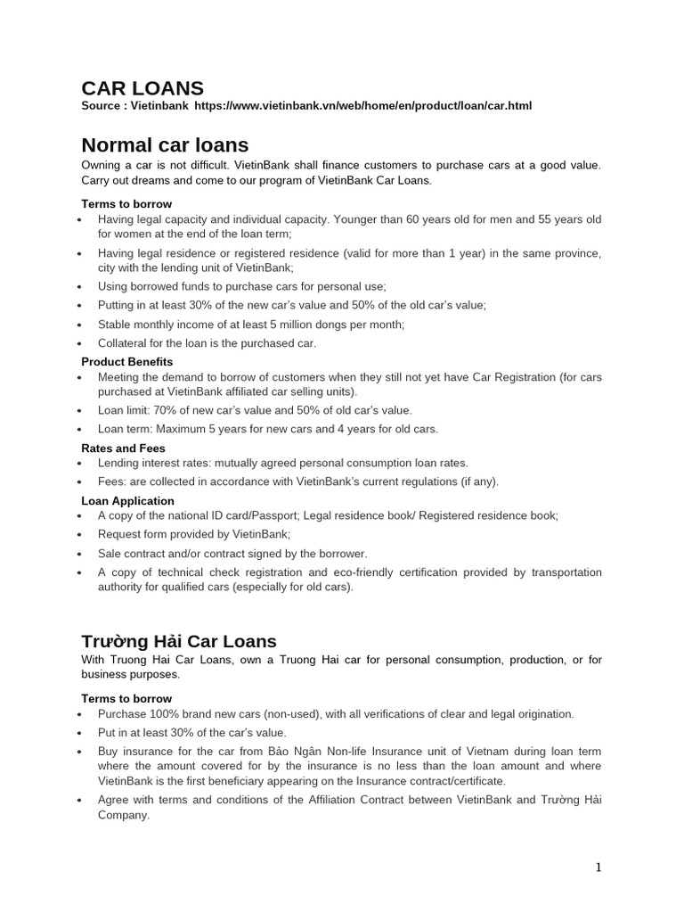 CAR LOAN DESCRIPTION (Vietinbank) | PDF | Loans | Financial Services