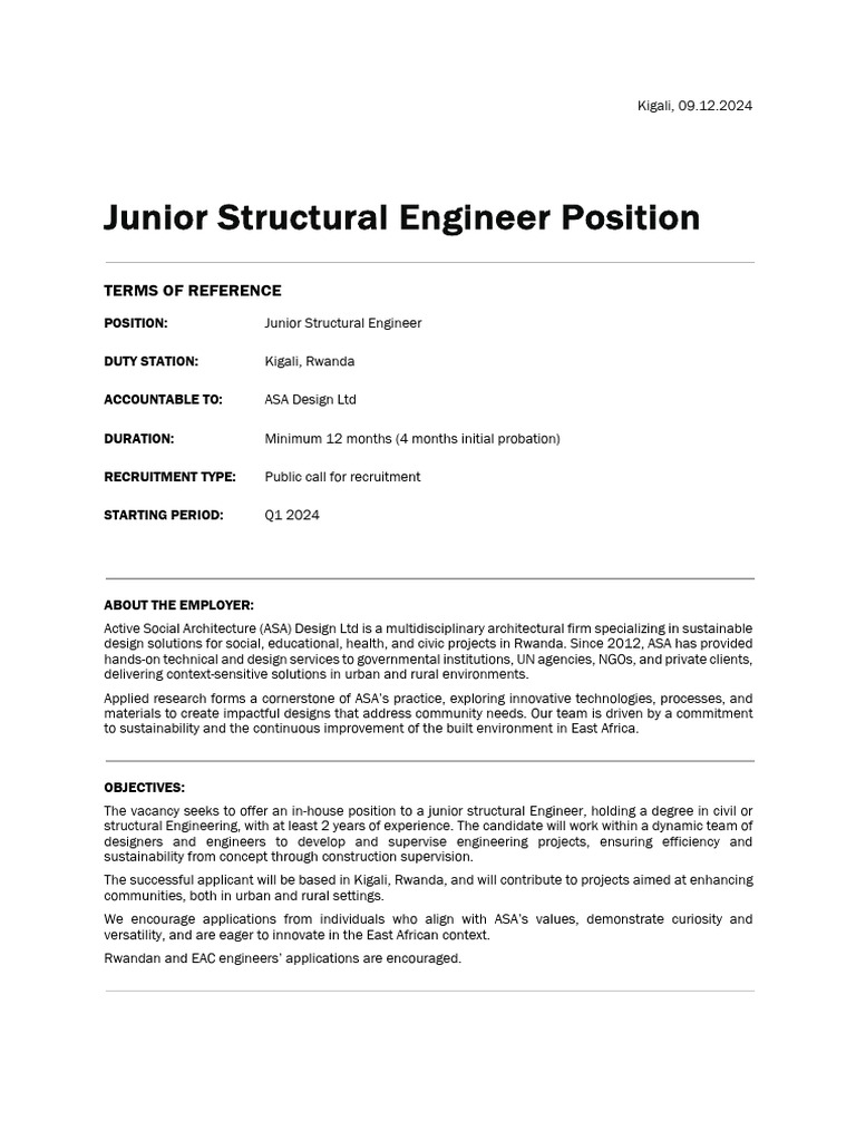 Junior Structural Engineer Position | PDF | Rwanda | Engineering
