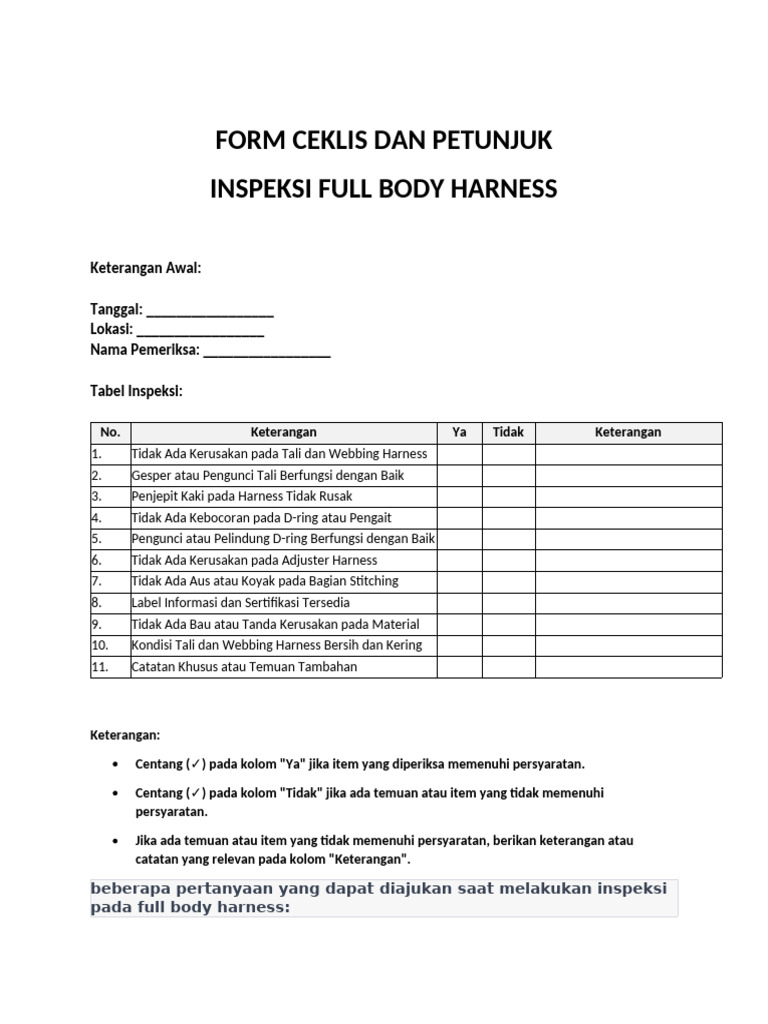 Form Ceklis Inspeksi Full Body Harness | PDF