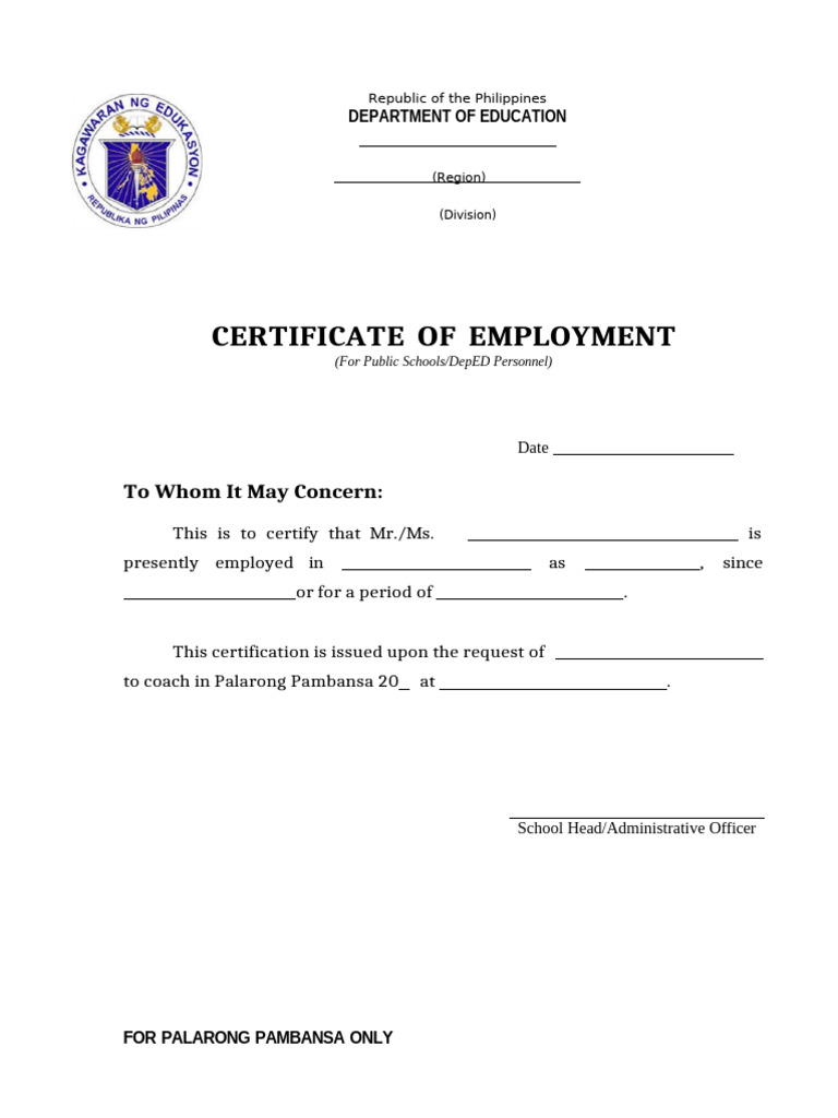 CerificateOfEmployment DEPED PErsonnel | PDF