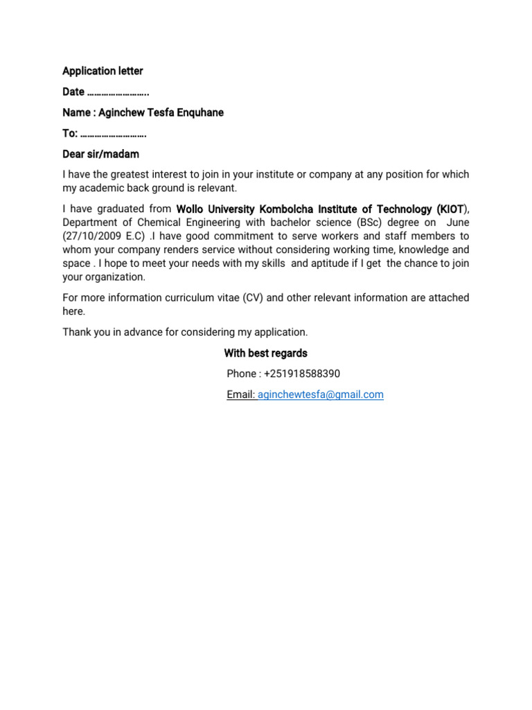 Chemical Engineering Job Application Letter | PDF