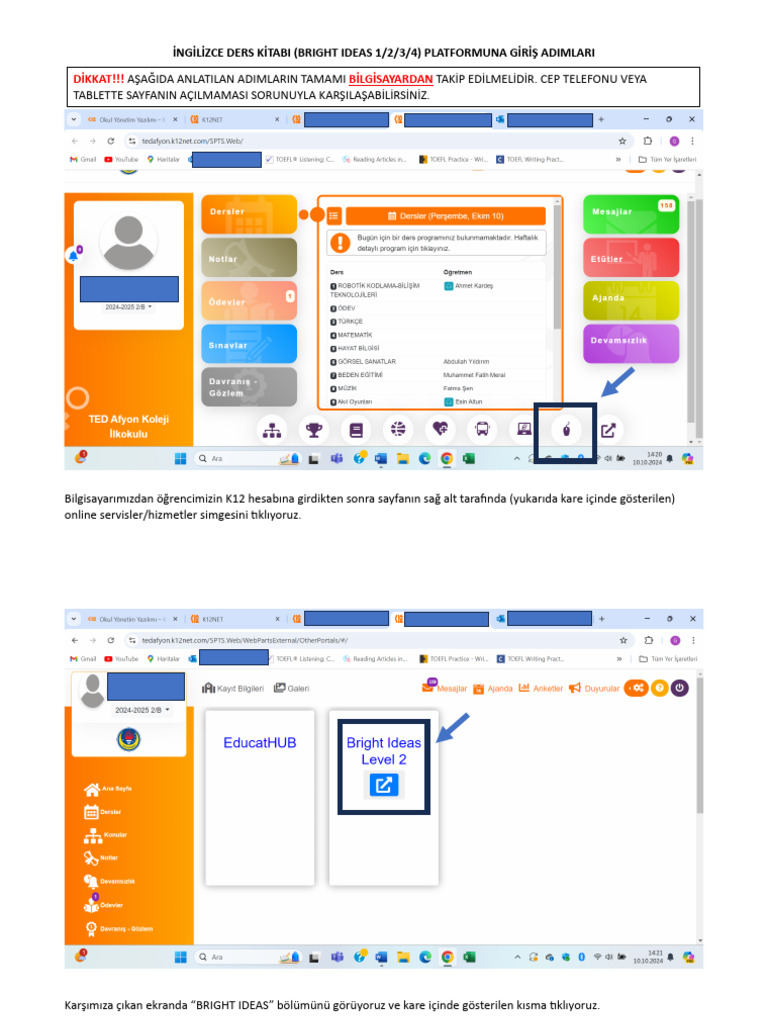 İngi̇li̇zce Ders Ki̇tabi (Bright Ideas 1234) Platformuna Gi̇ri̇ş Adimlari | PDF