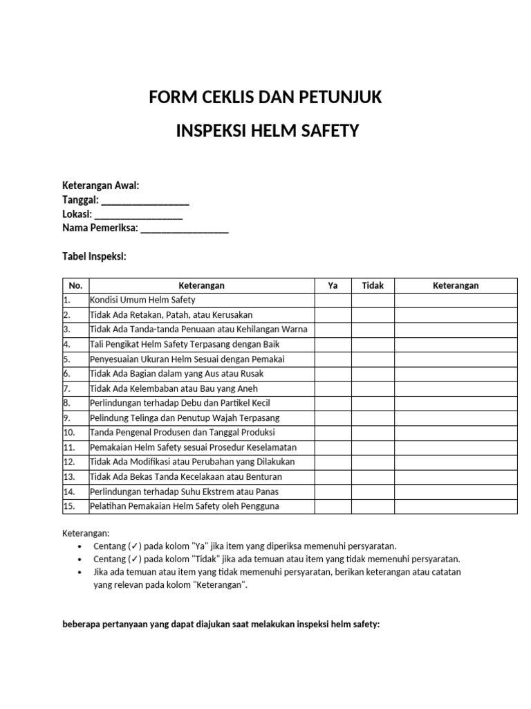 Form Ceklis Inspeksi Helm Safety | PDF