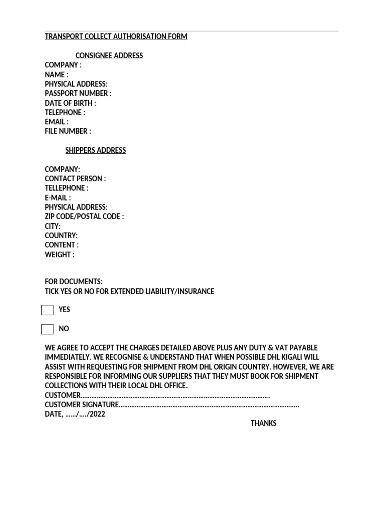 Transport Collect Authorisation Form (TC) | PDF