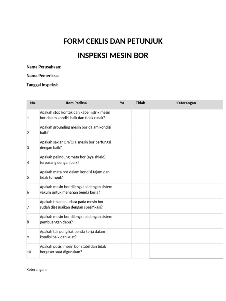 Form Ceklis Inspeksi Mesin Bor | PDF