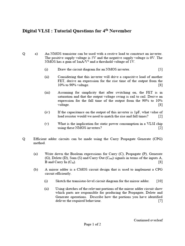VLSI Tutorial Questions and Circuit Design | PDF | Mosfet | Electrical Engineering