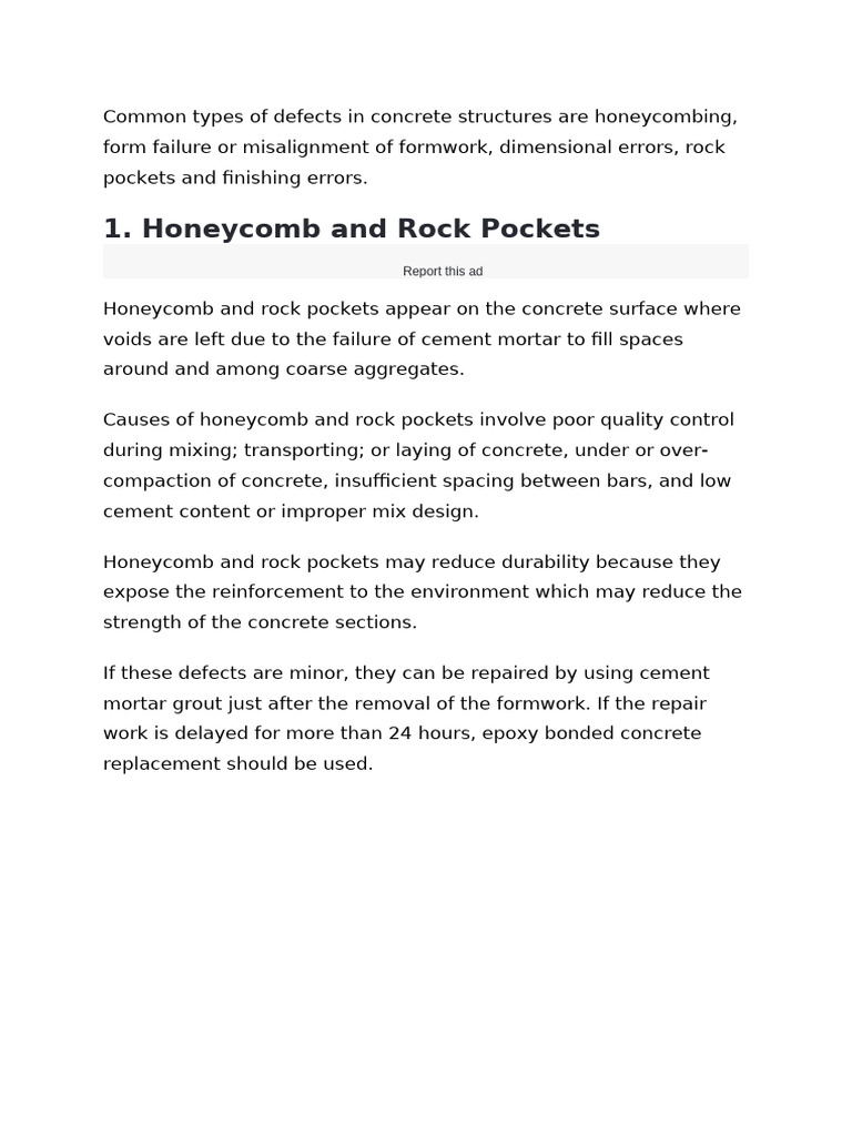 Common types of defects in concrete structures are honeycombing | PDF ...