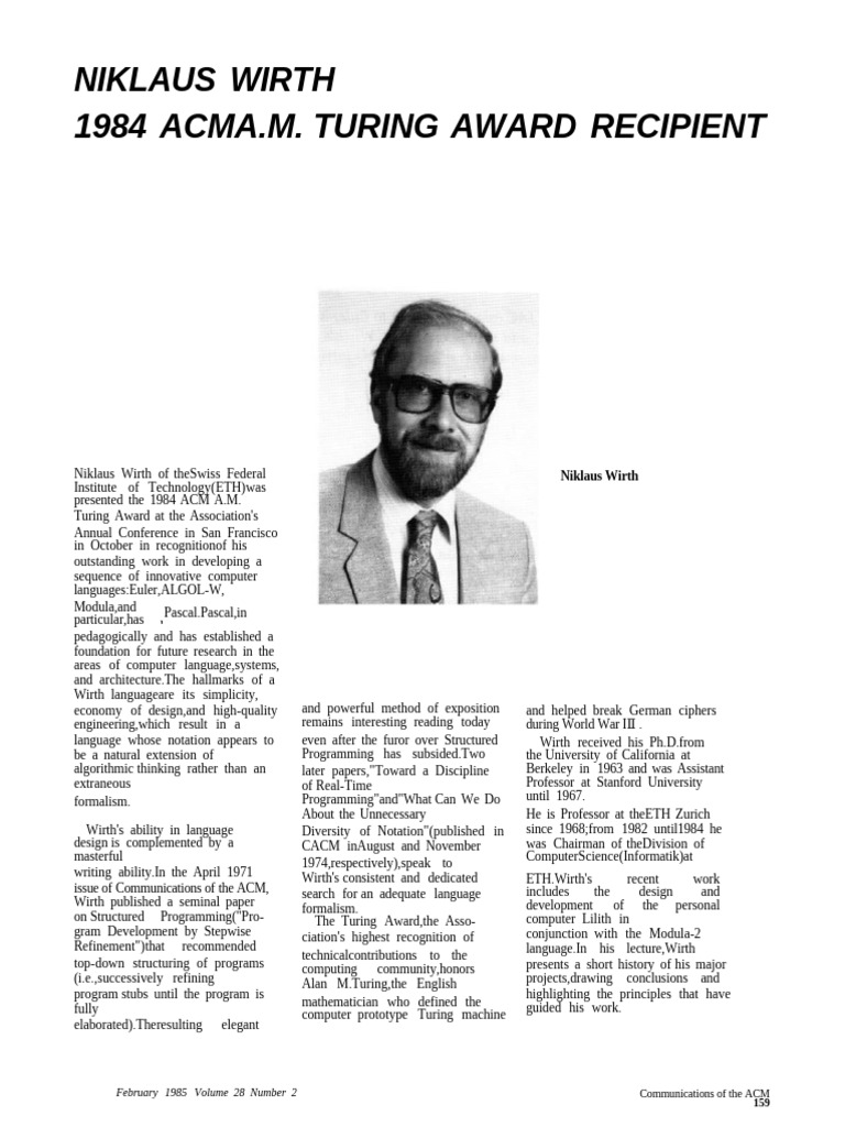Niklaus Wirth 1984 Acma.M. Turing Award Recipient | PDF | Computer Engineering | Computer ...
