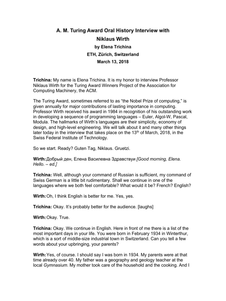 Niklaus Wirth: Turing Award Interview | PDF | Computer Science ...