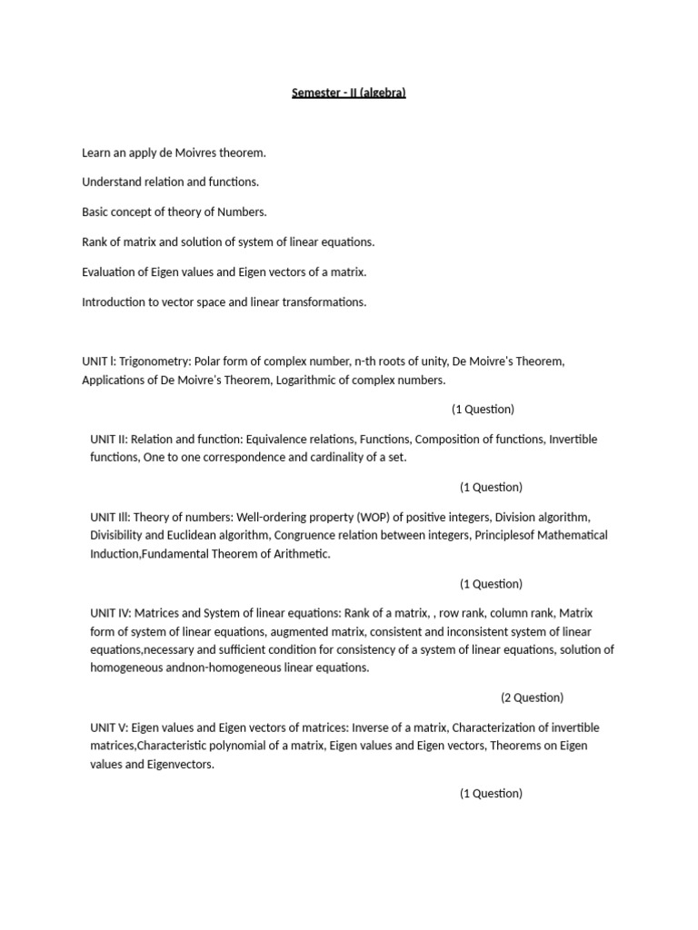 algebra semseter II | PDF
