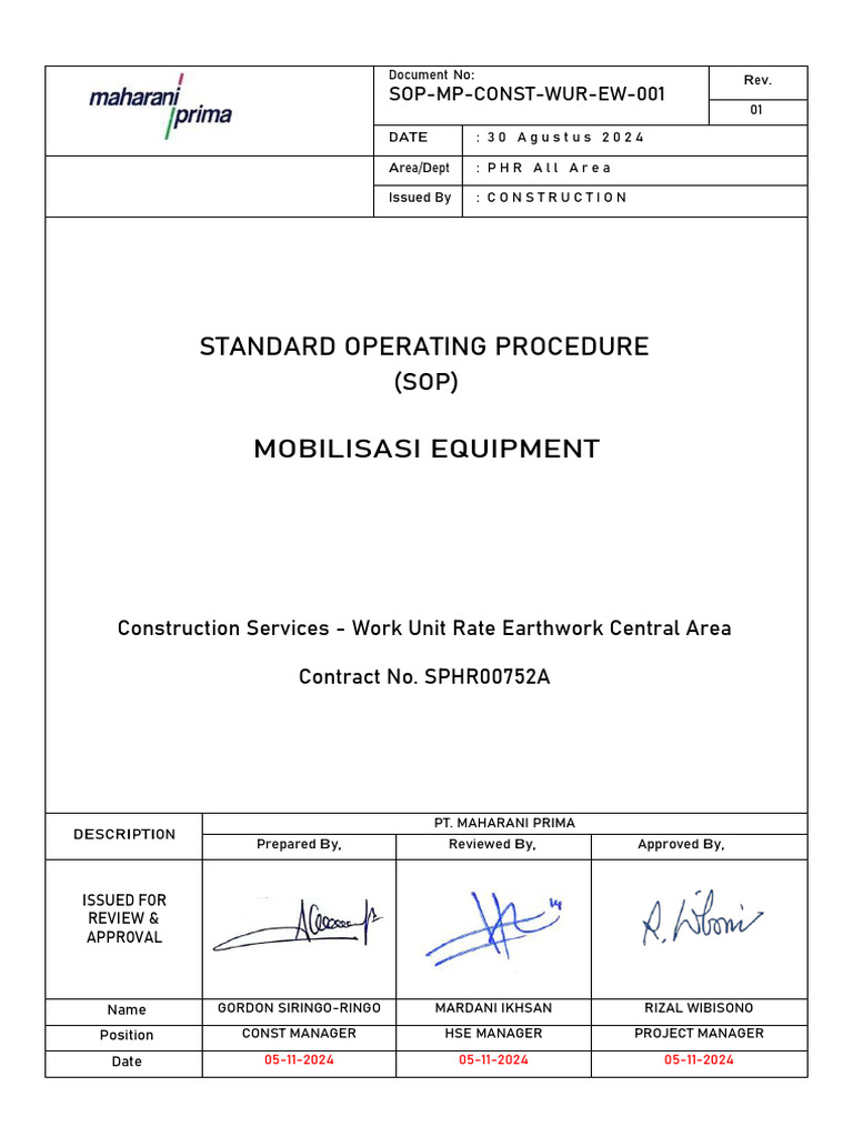 SOP Mobilisasi Equipment Konstruksi | PDF