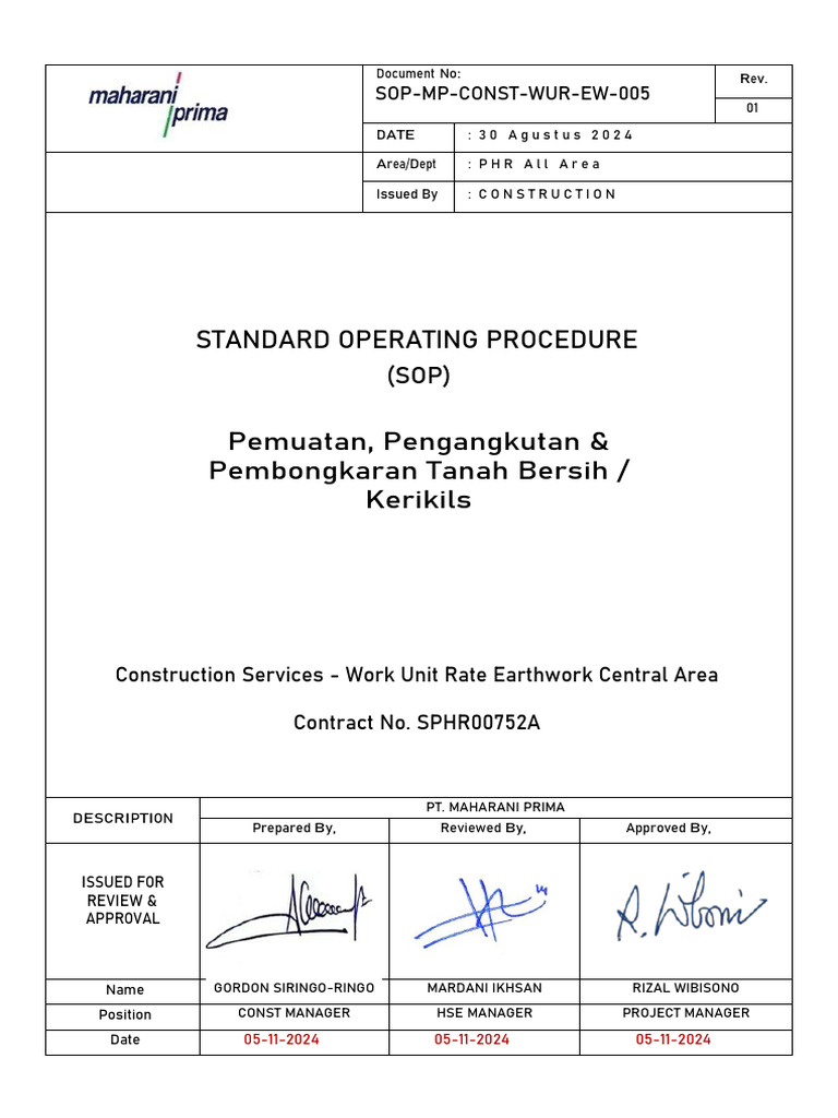 SOP-MP-CONST-WUR-05 Pemuatan, Pengangkutan - Pembongkaran Tanah Bersih, Kerikil | PDF