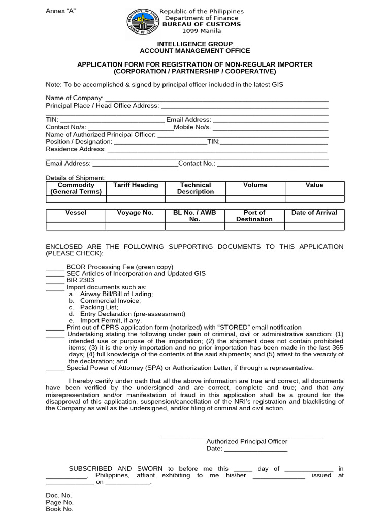 Non-Regular Importer Registration Form | PDF