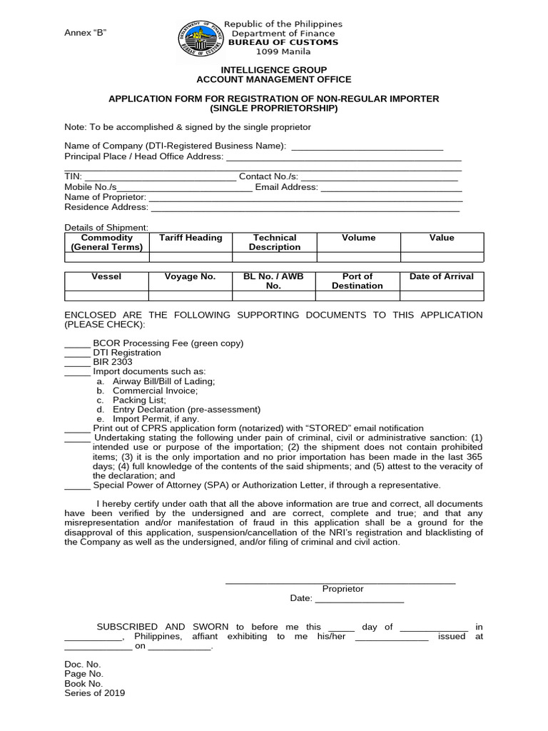 ANNEX B Application For Non-Regular Importer - Sole | PDF