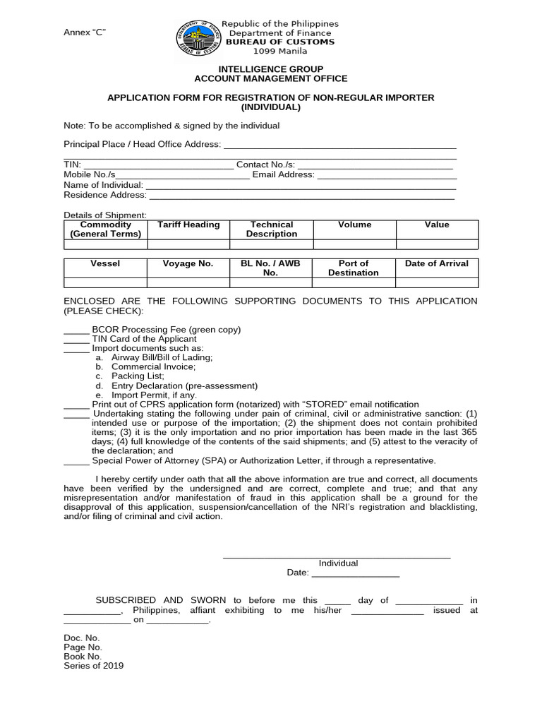 Non-Regular Importer Registration Form | PDF
