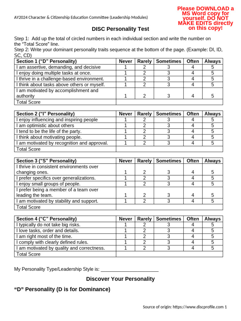 Copy of 12. DISC Personality Test & Notes | PDF | Leadership | Accuracy ...
