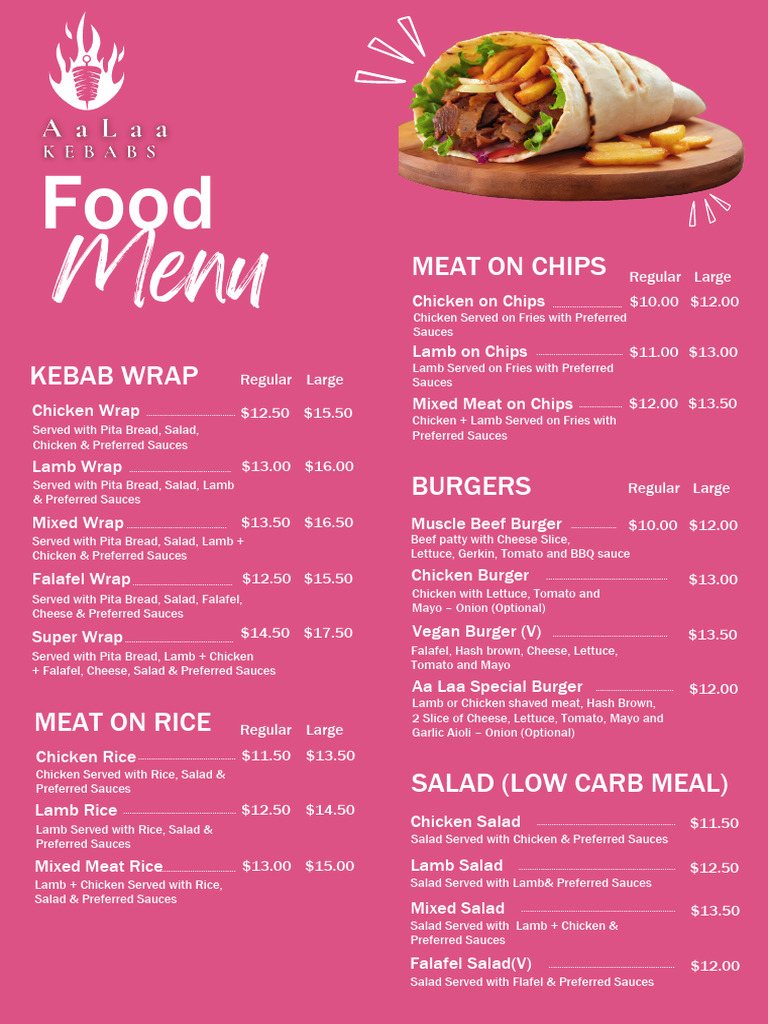 Aa Laa Kebabs Menu Overview | PDF | Hamburgers | Cooking