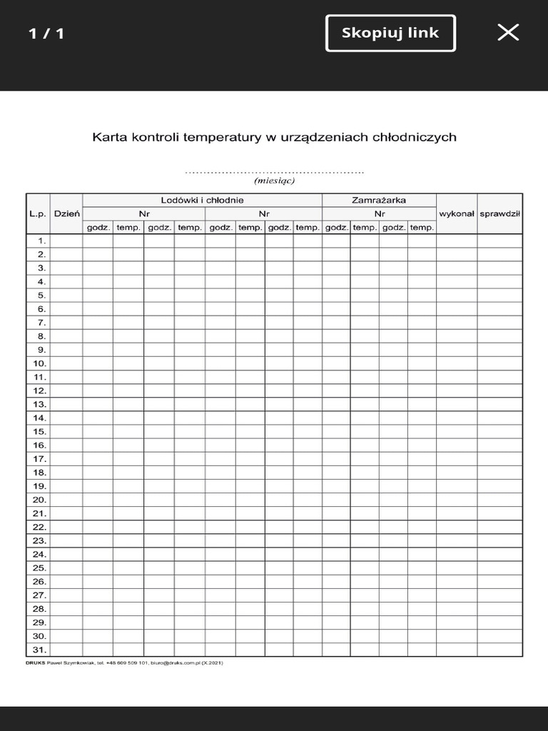 Karta Kontroli Temperatury W Urządzeniach Chłodniczych A4 - HACCP DRUKS | PDF