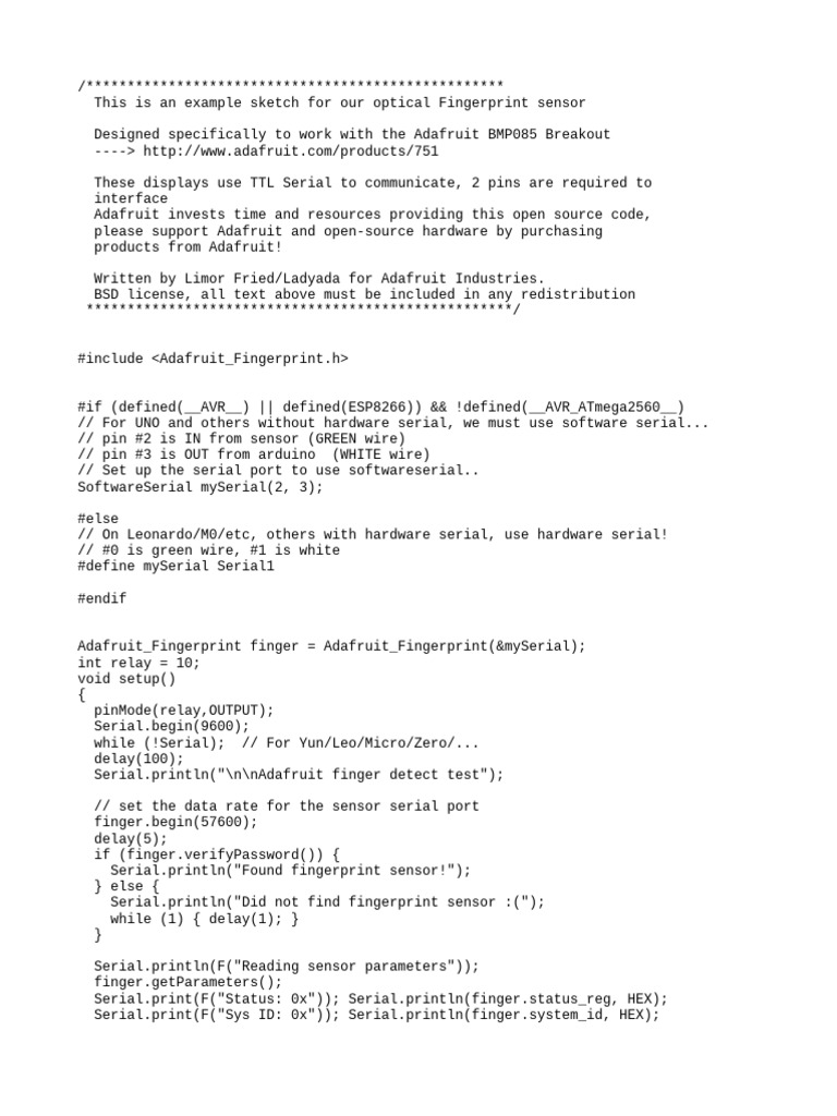 Adafruit Fingerprint Sensor Code Example | PDF | Fingerprint | Arduino