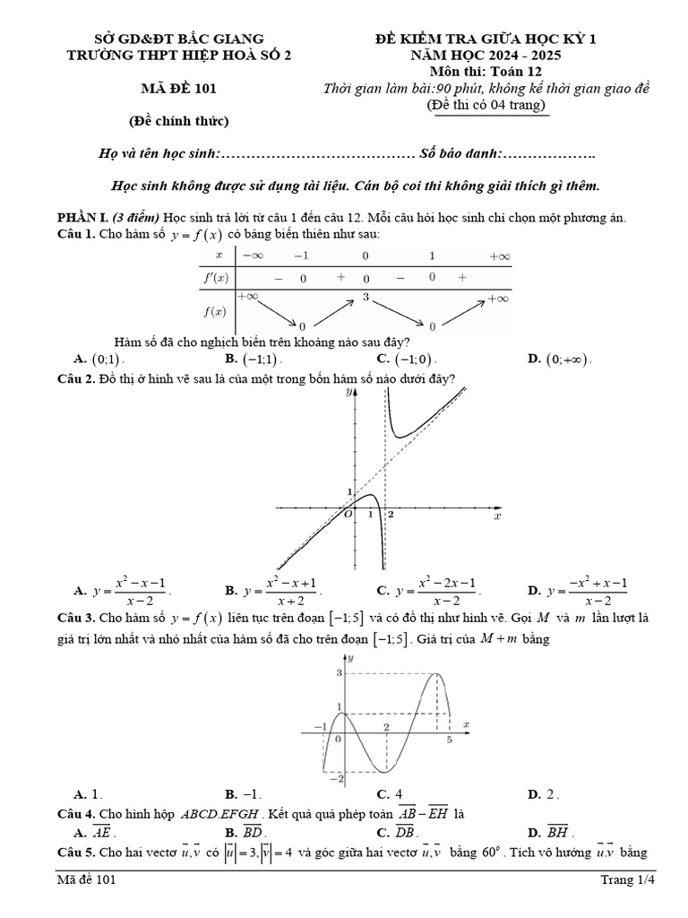 De Giua Hoc Ky 1 Toan 12 Nam 2024 2025 Truong THPT Hiep Hoa 2 Bac Giang | PDF