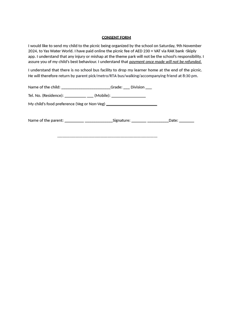 School Picnic Consent Form 2024 | PDF