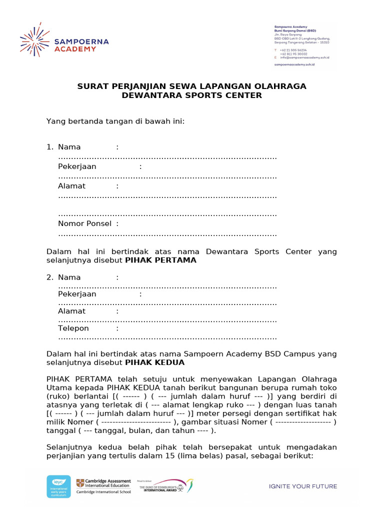 Perjanjian Sewa Lapangan Dewantara | PDF