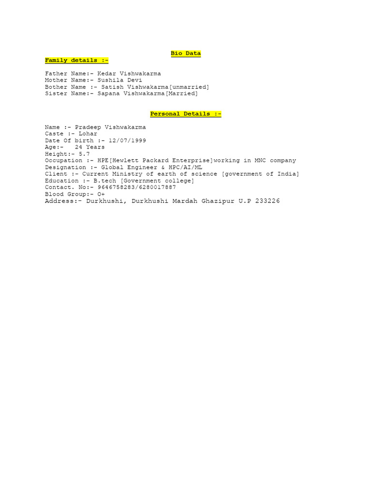 Biodata Pradeep | PDF