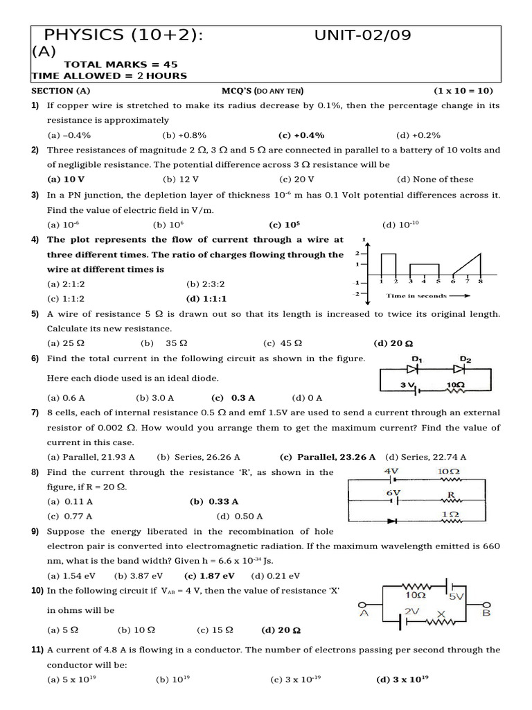 Physics 10+2 Exam: MCQs & Problems | PDF | Rectifier | Semiconductors