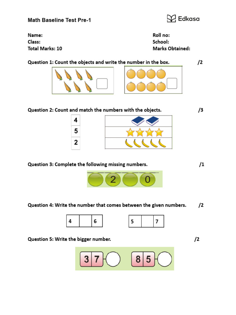 Math Baseline Test For Grade 1 - SEF | PDF
