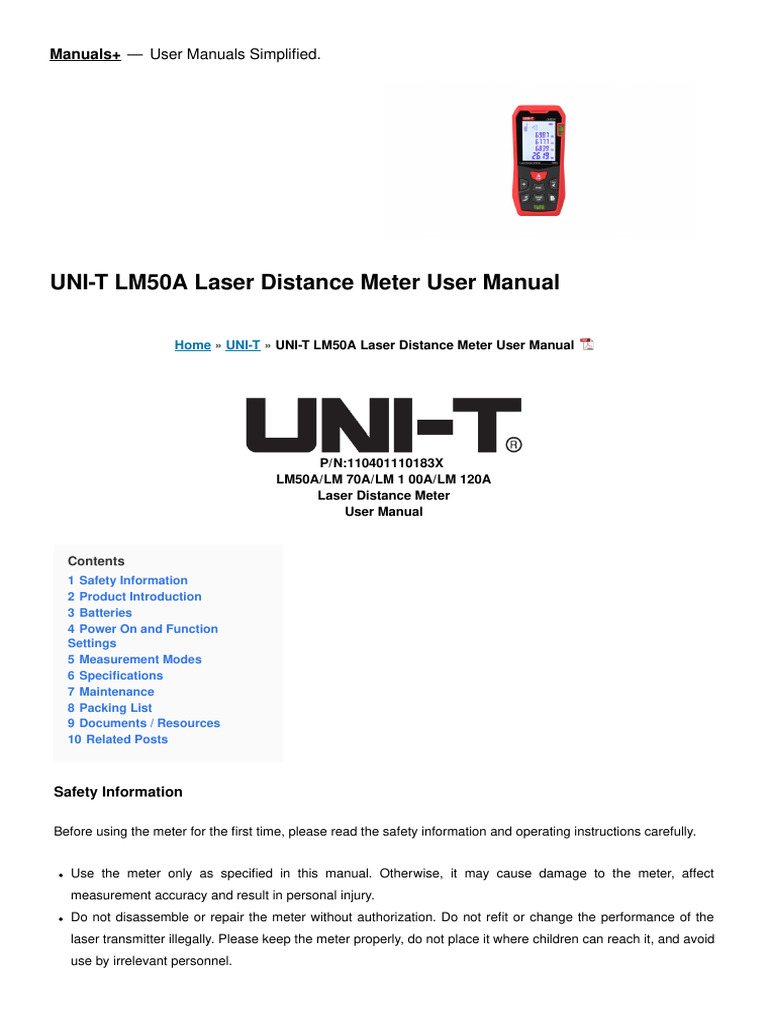 UNI-T LM50A Laser Meter Manual | PDF | Length | Metre