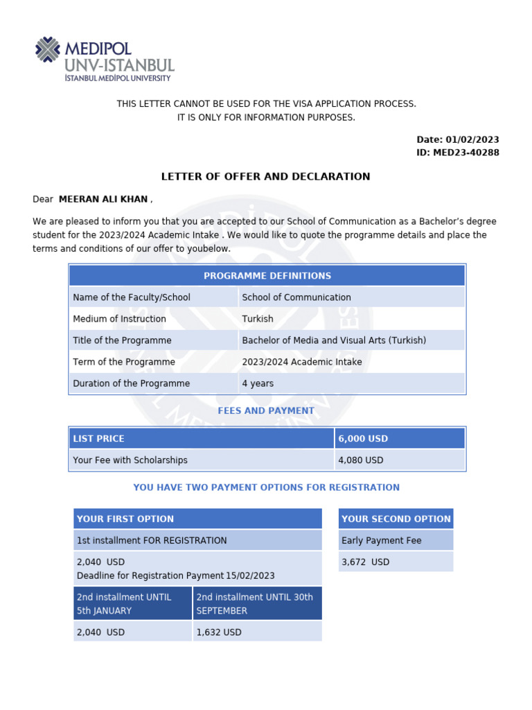 MEERAN ALI KHAN-Conditional Acceptance | PDF | Payments | Fee