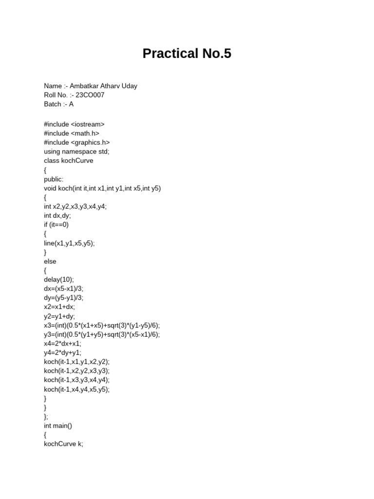 CG - Practical No.5 (Koch Curve) | PDF