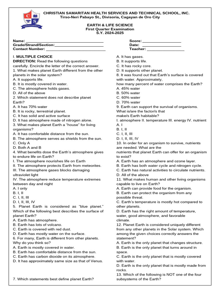 1ST-QUARTER-EXAM-EARTH-LIFE-SCIENCE-EARTH-SCIENCE_FINAL | PDF | Rock ...