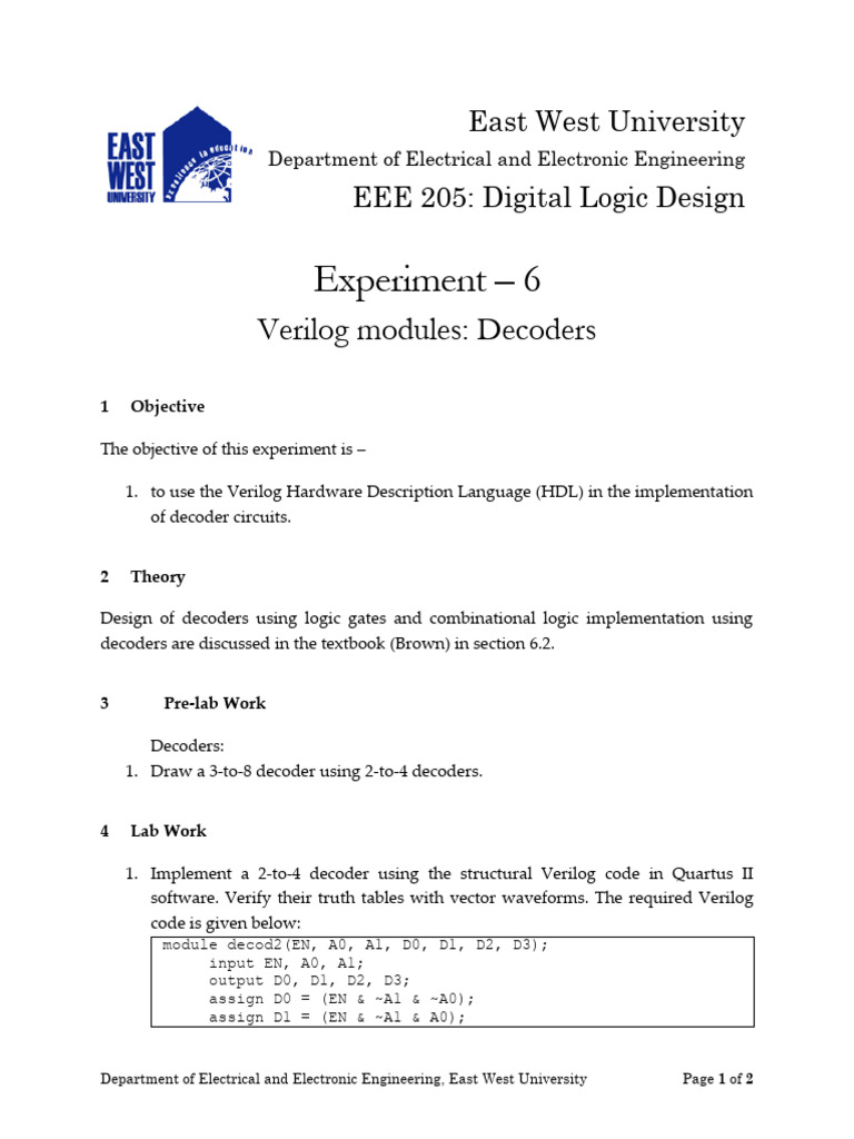 Experiment 6 Verilog Decoder | PDF