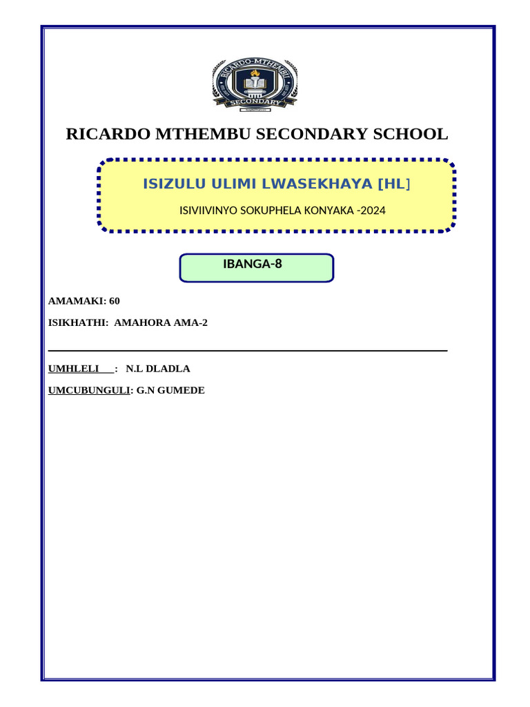 Isizulu Grade 8 November Rms 20204 | PDF | Bantu