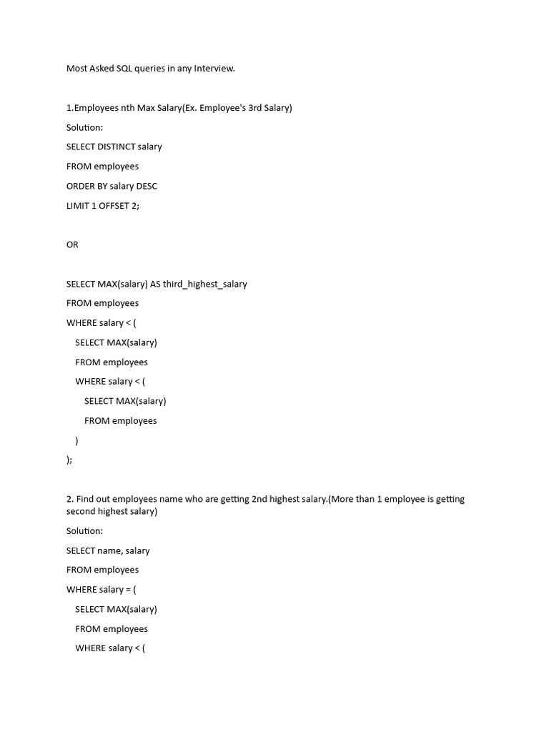 Most Asked SQL Queries in Interview | PDF | Computing | Data Management
