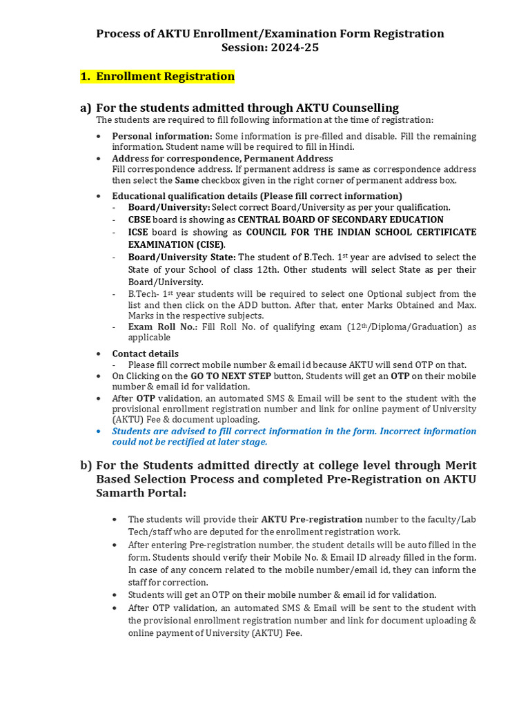 Process-AKTU Enrollment Registration For Newly Admitted Students ...